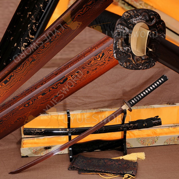 Details about Handmade Red Damascus Steel Japanese Sword Samurai Katana ...