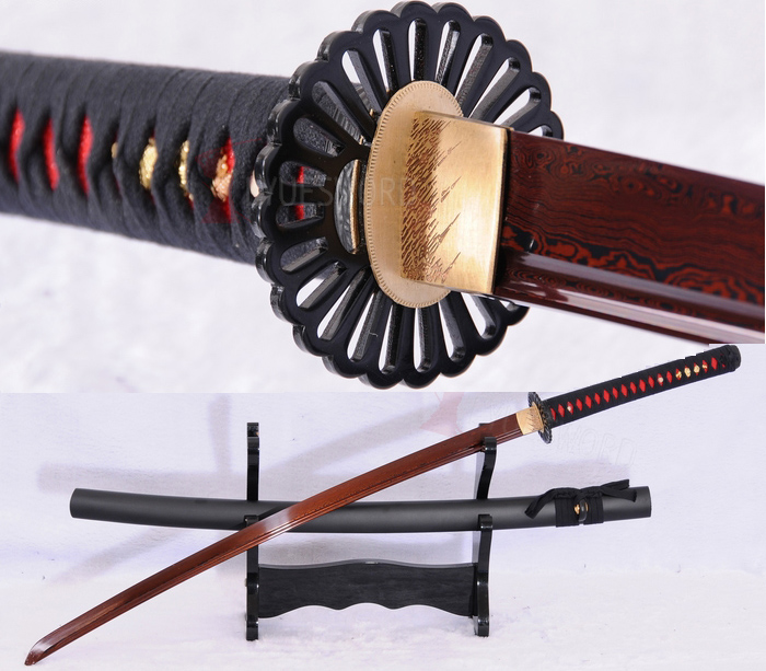 Red Damascus Steel Full Tang Japanese Katana Samurai Sword Sharp Blade ...